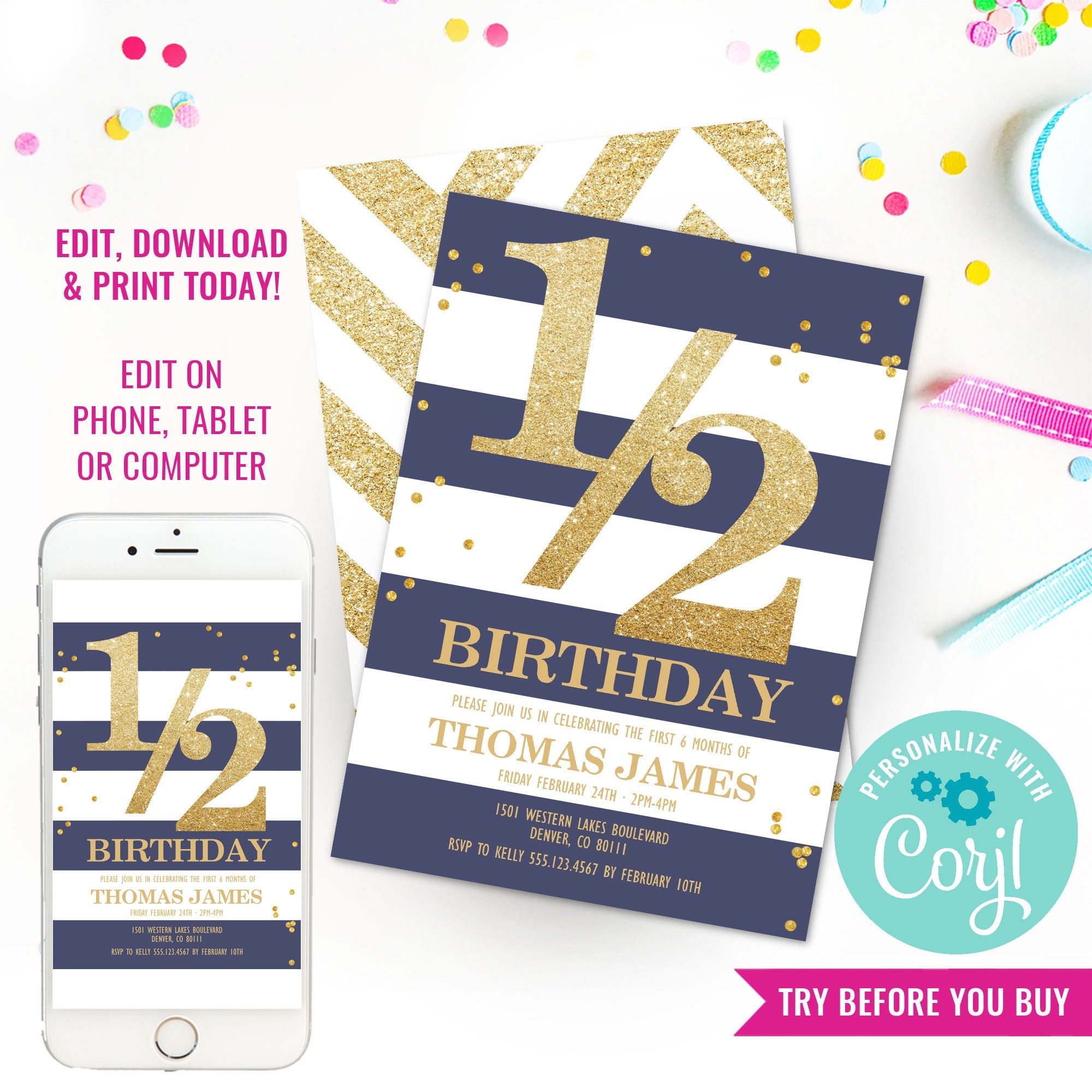 Boys Half Birthday Invitation DIY Gold Glitter Invitation Classic DIY ...