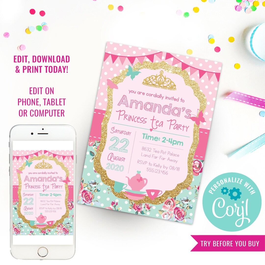 Girls Princess Tea Party Invitation Pink and Gold Glitter Floral ...