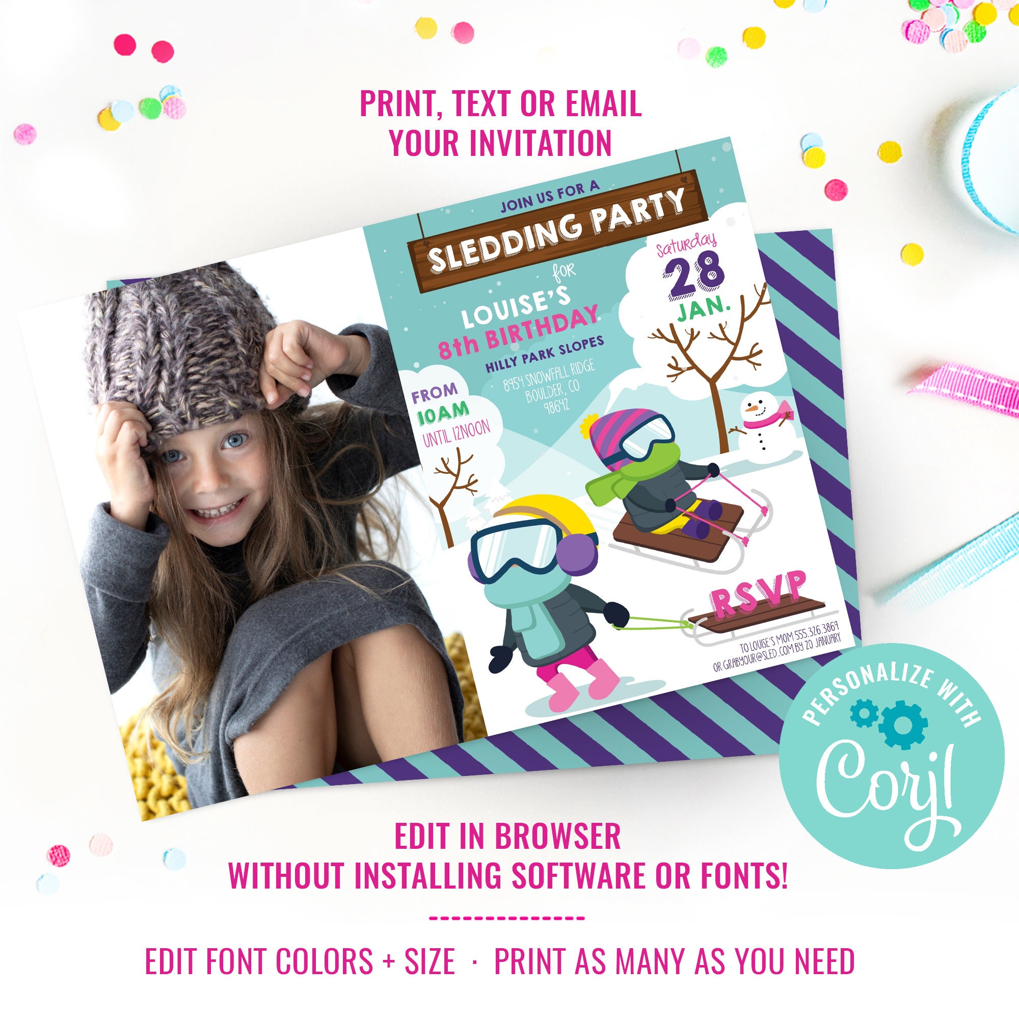 Winter Party Photo Invitation Sledding Party Invitation for Girls ...