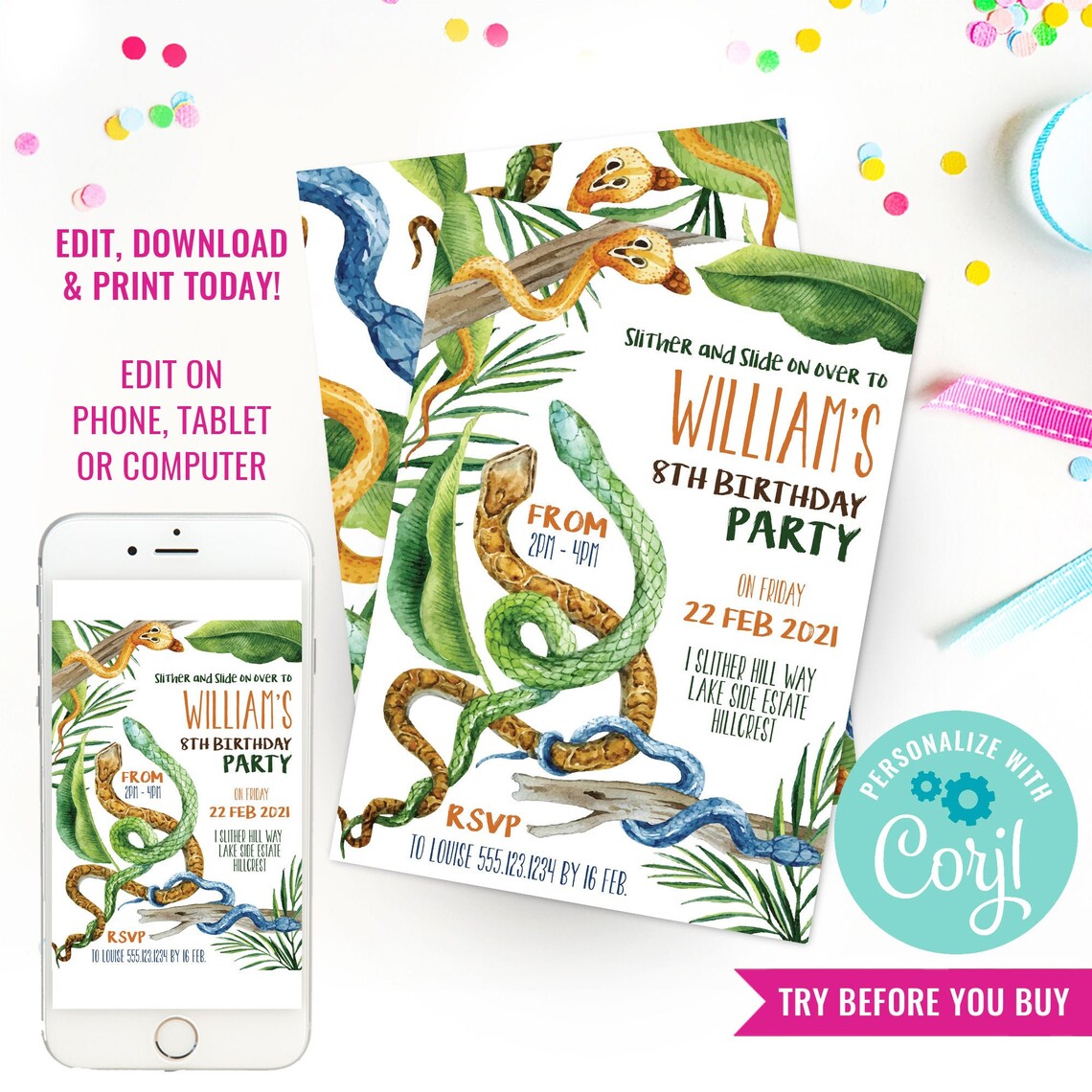 Snake Party Invitation Snake Invite Reptile Party Snake | Etsy