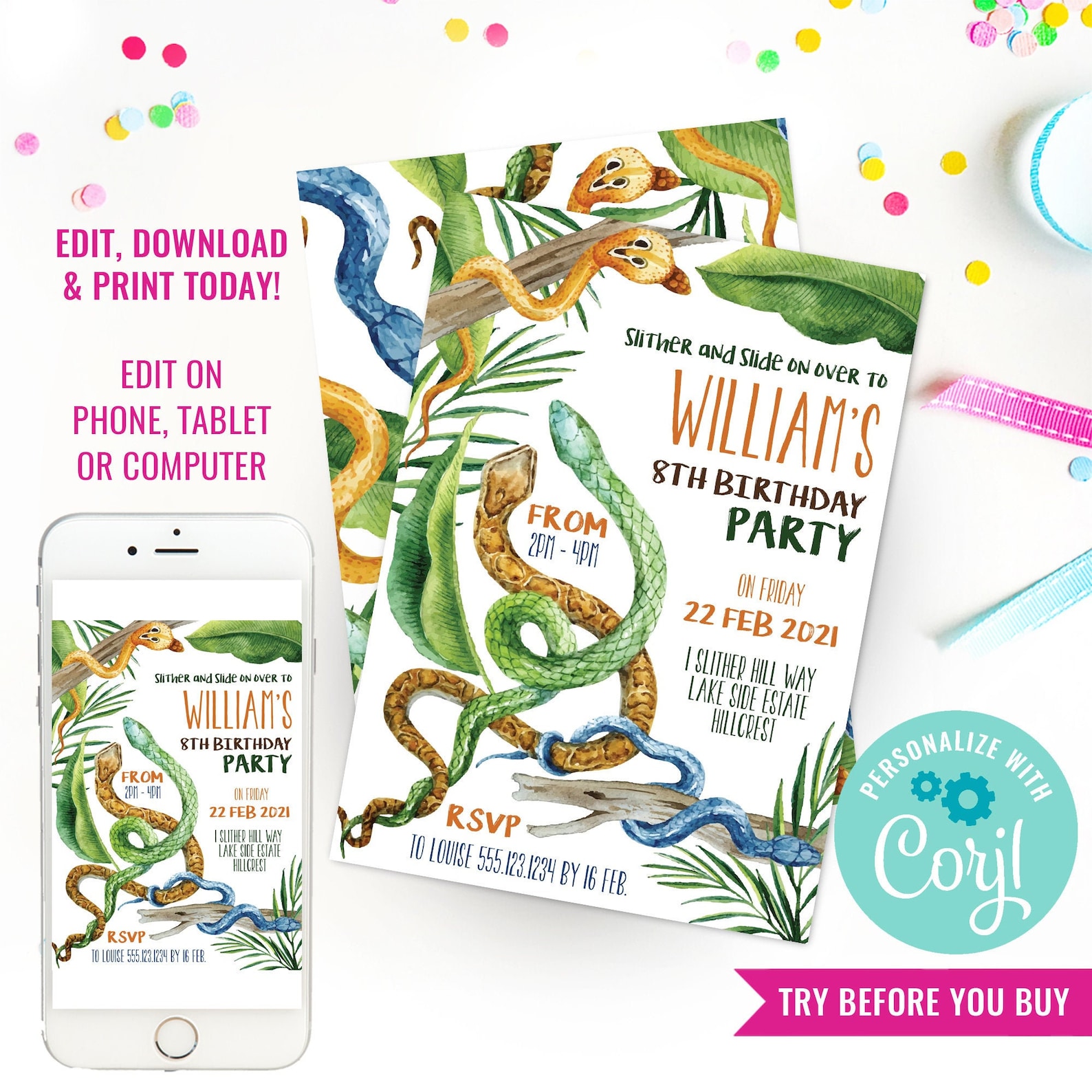Snake Party Invitation Snake Invite Reptile Party Snake | Etsy