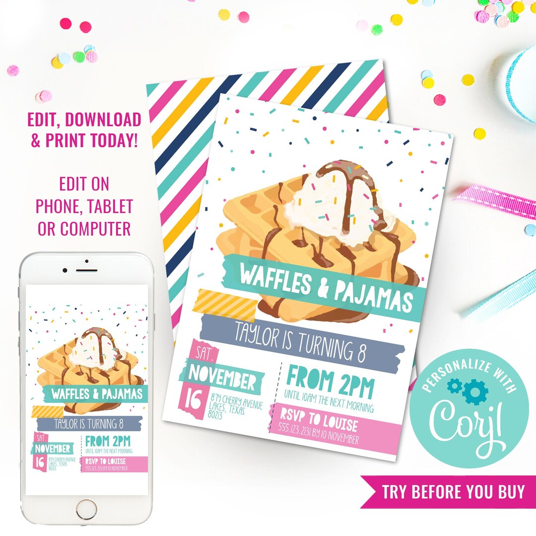 Waffle Party Invitation - Slumber Party Invitation - Tween Party ...