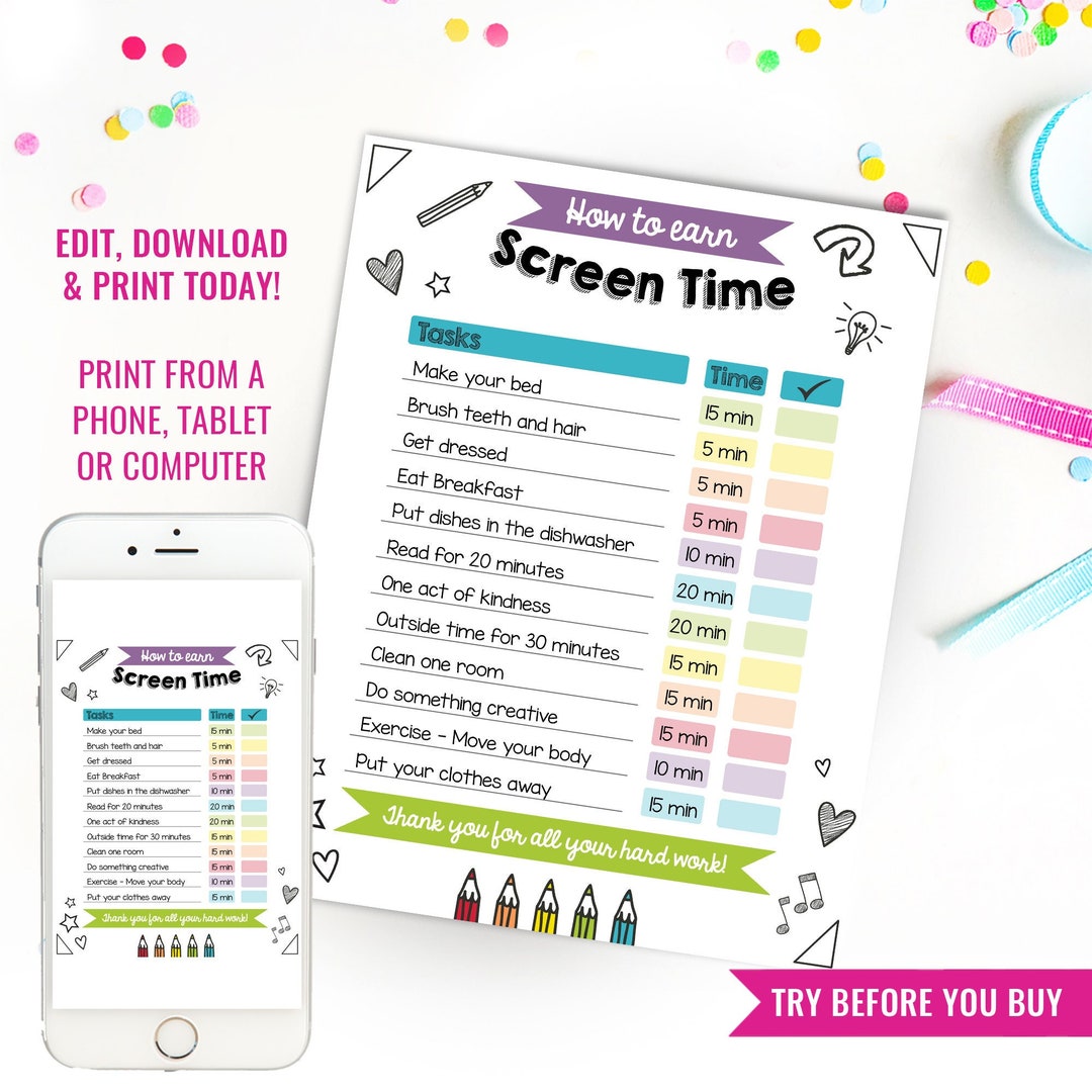 Screen Time Chart Checklist Editable Printable Screen Time Chore Chart ...