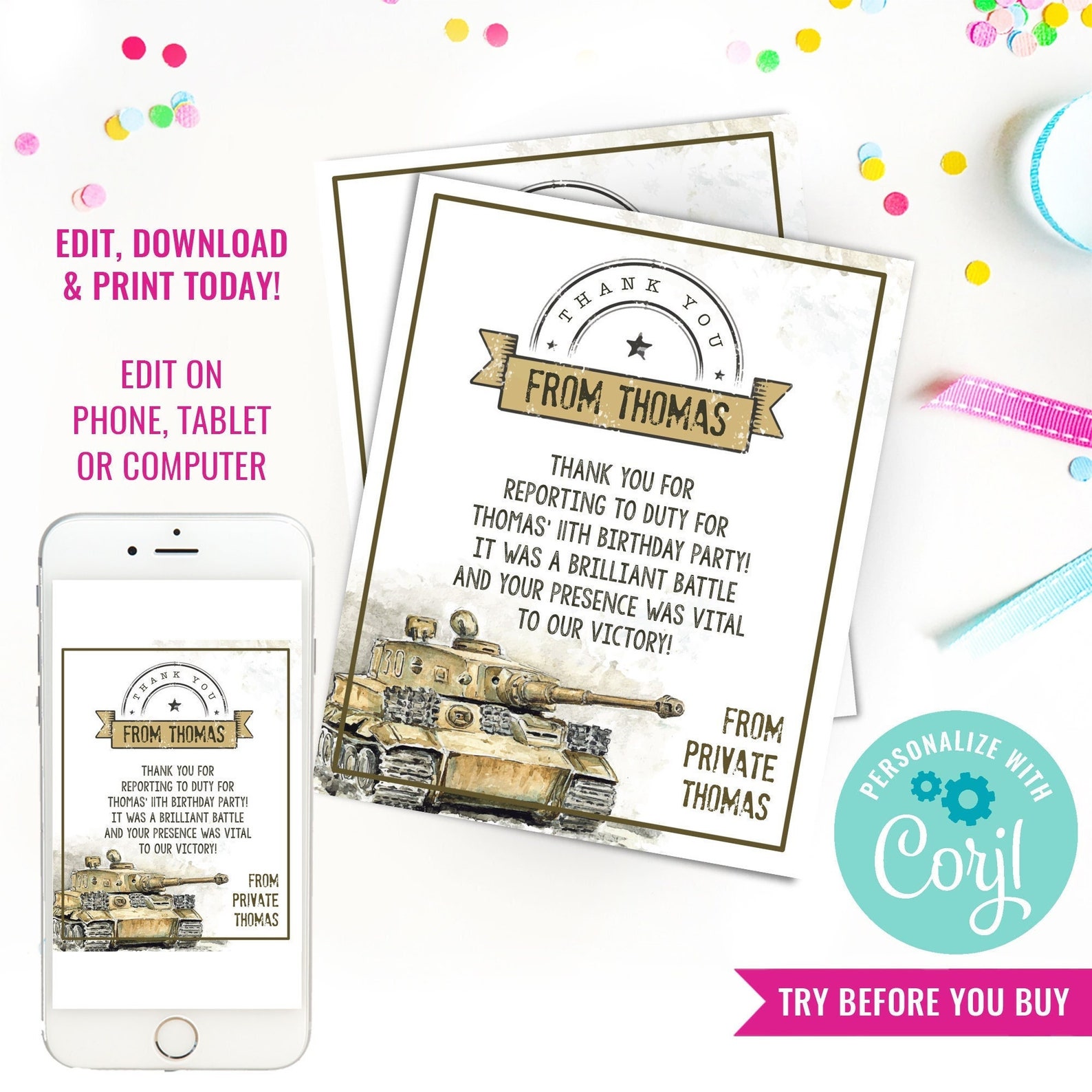 Army Tank Birthday Party Thank You Card for a Boy Vintage - Etsy