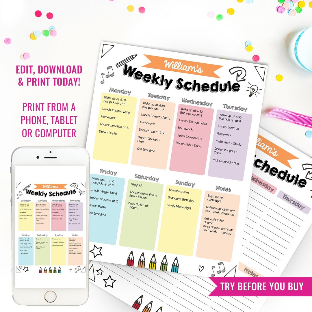 Kids School Checklist Daily Schedule Printable Kids Custom Chore Chart ...