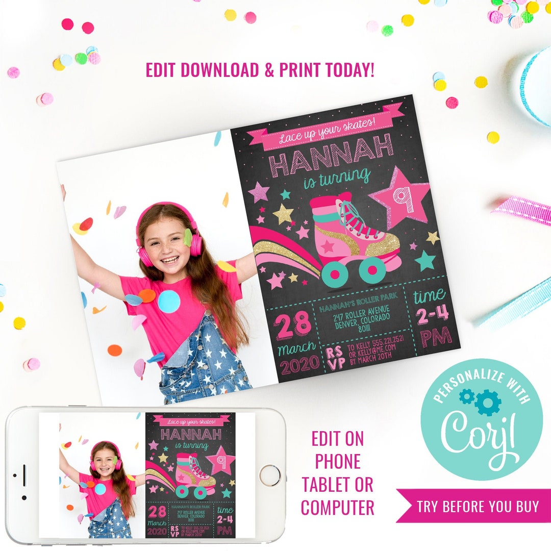 Girls Roller Skating Party Invitation Roller Skate Birthday Party Retro ...