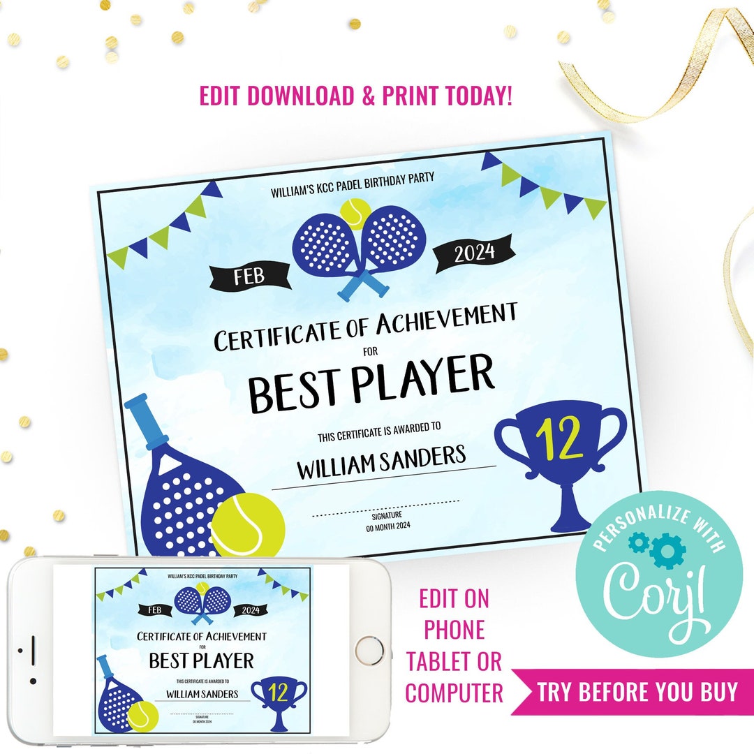 Padel Printable Award Certificate Padel Party Printable Printable ...