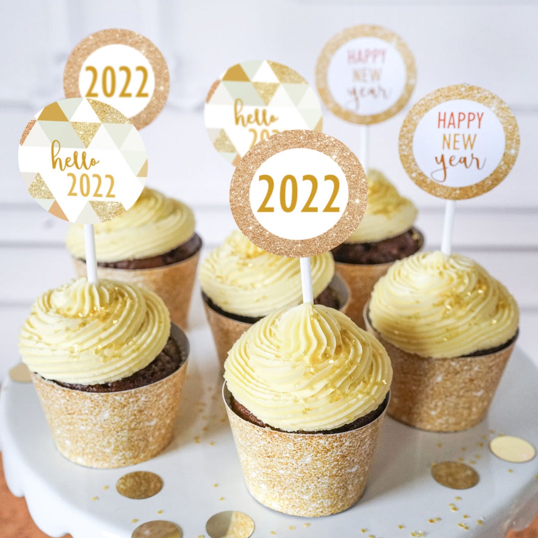 New Years Eve Party Cupcake Toppers Gold Glitter New Years - Etsy