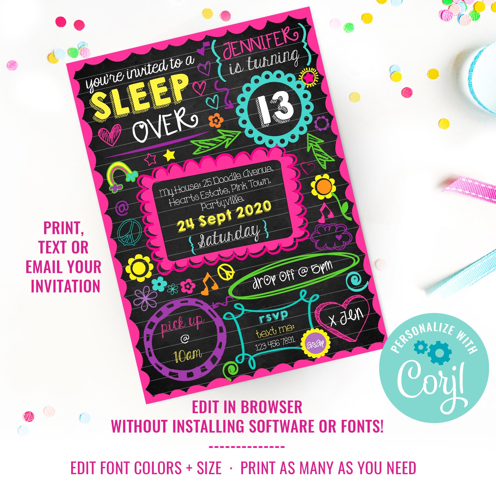 Neon Sleepover Invitation Tween Girls Sleep Over Party Slumber Party ...
