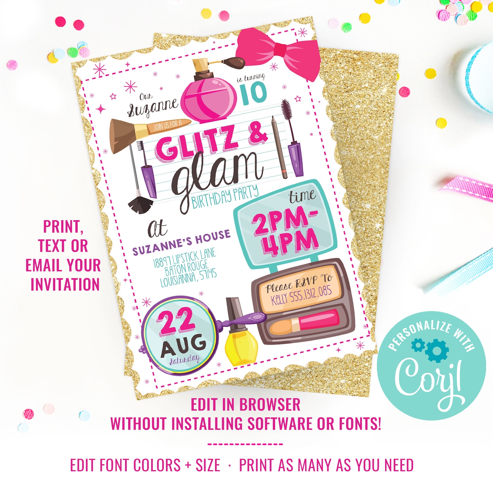 Glitz and Glam Party Invitation - Make-up Party Invitation - Tween ...
