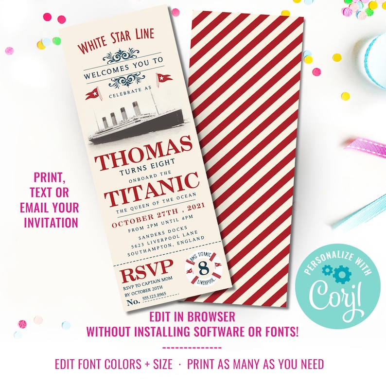 Titanic Birthday Party Invitation Vintage Titanic Party Invite Vintage ...