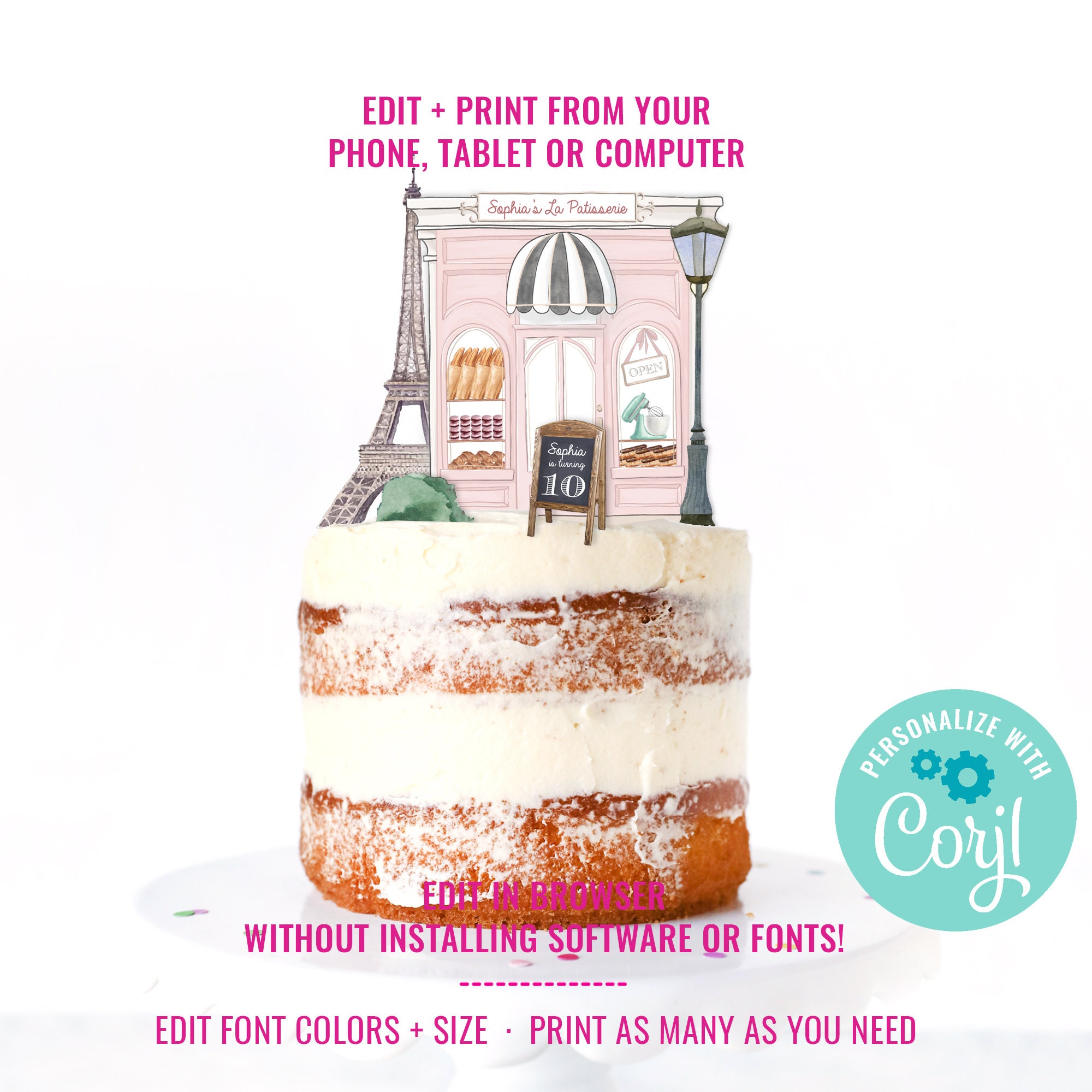 DIY French Party Cake Topper Patisserie French Café Printable Topper ...