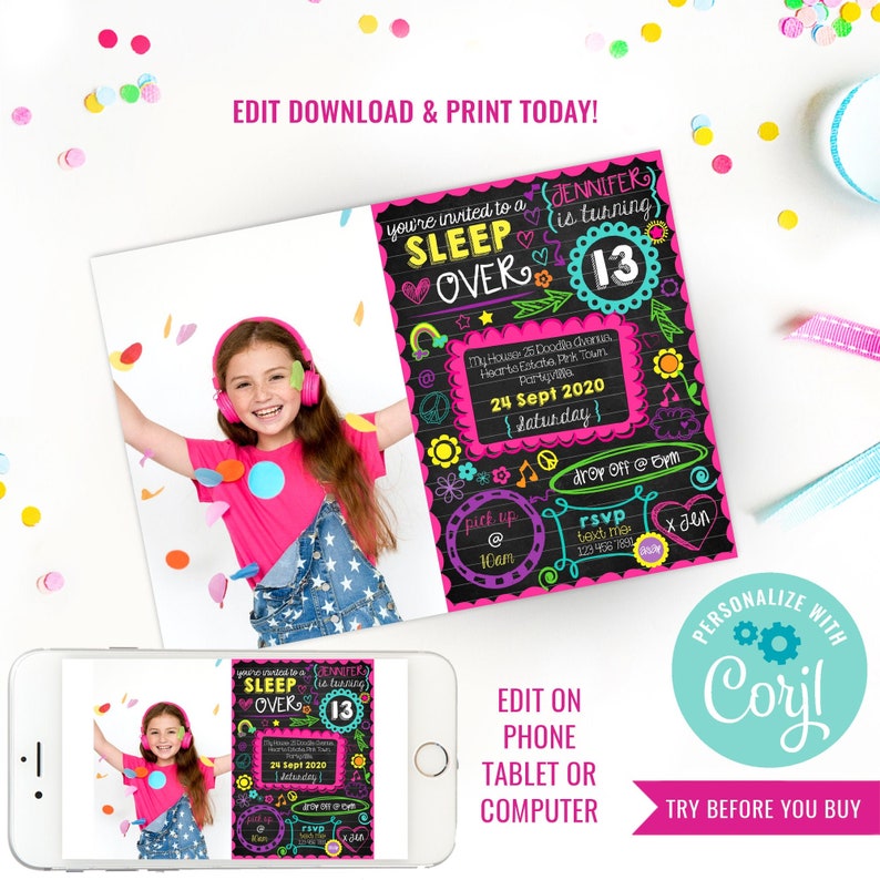 Neon Sleepover Invitation Tween Girls Slumber Party - Etsy