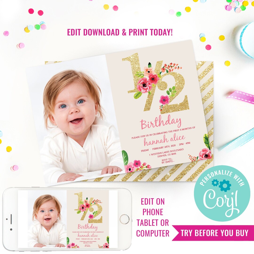 Half Birthday Invitation Gold Glitter Floral Watercolor 1/2 Birthday ...