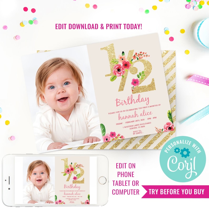 Half Birthday Invitation Gold Glitter Floral Watercolor 1/2 | Etsy