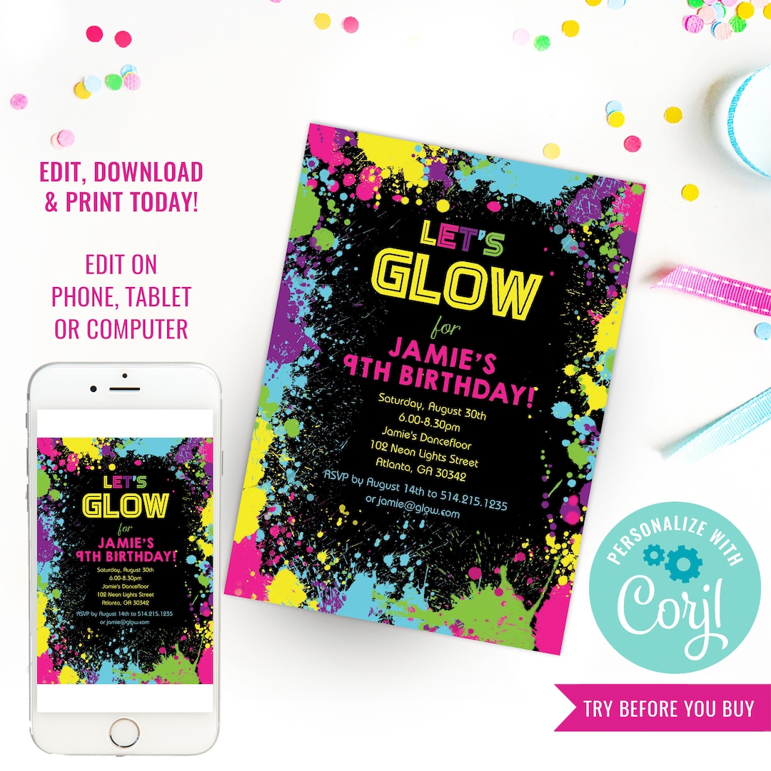 Neon Glow Party Invitation Tween Glow Birthday Party Invite Teen Glow ...
