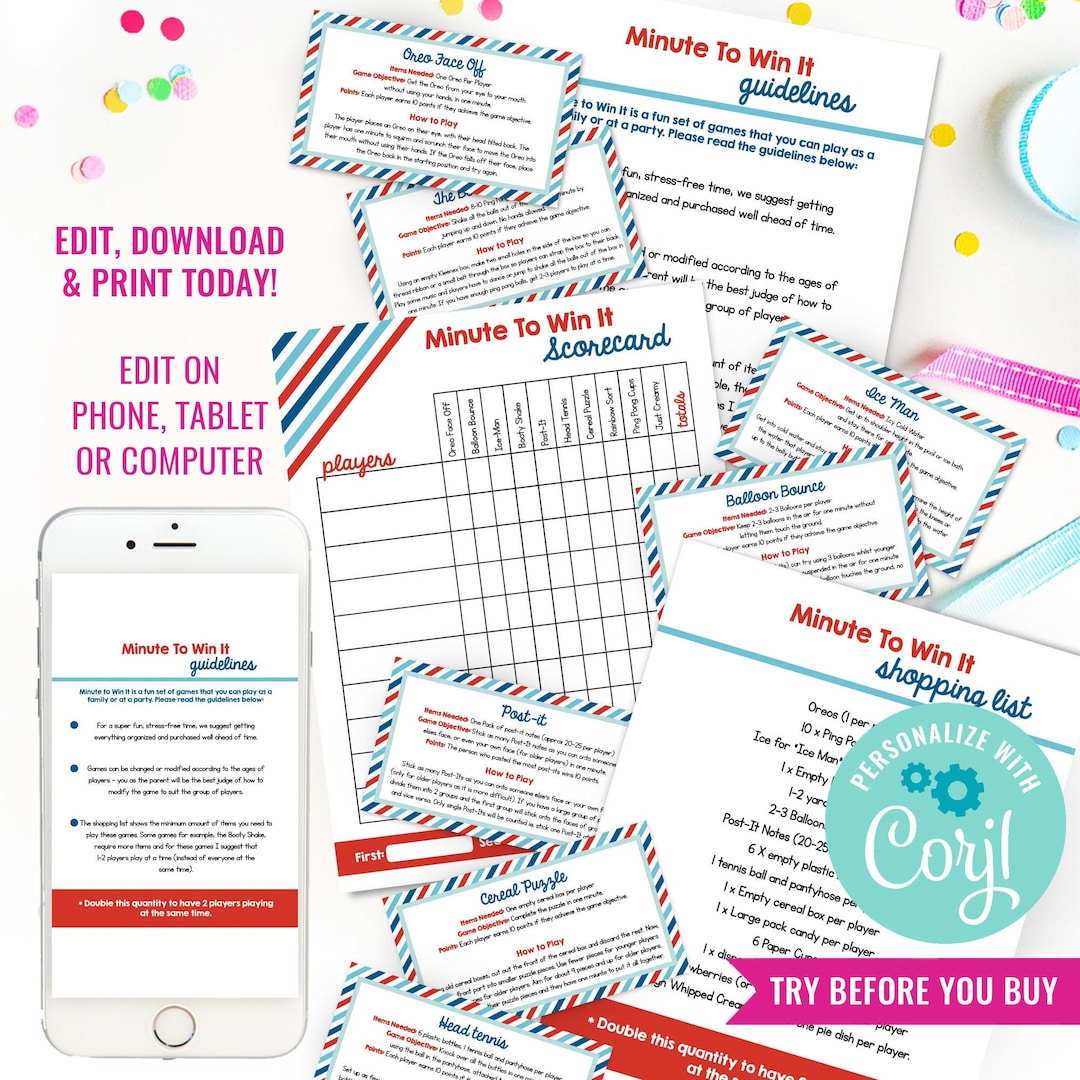 Minute to Win It Game Cards Activity Family Games Night Cards DIY ...