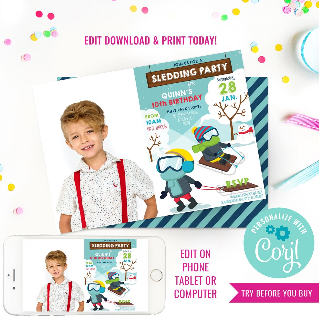 Birthday Party Sledding Invitation Winter Tobogganing Party Invitation ...
