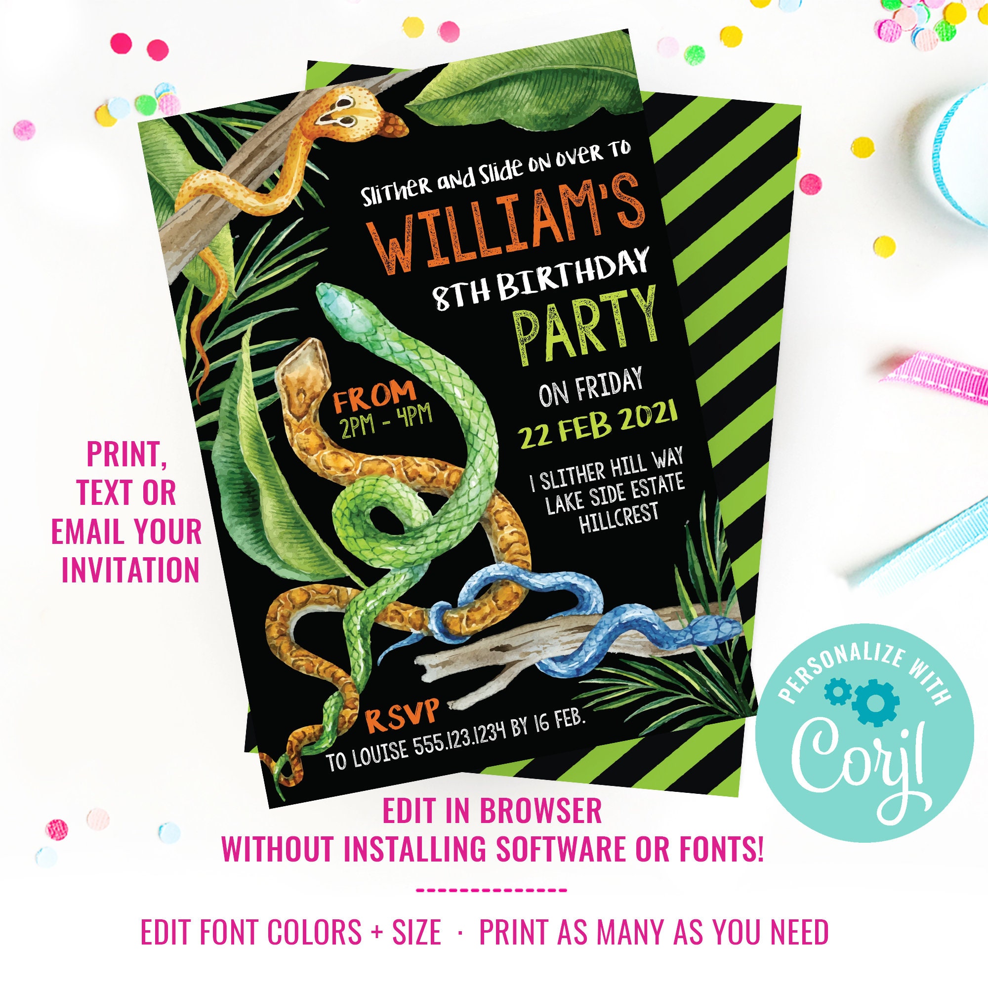 Snake Party Invitation Snake Invite Reptile Party Green - Etsy Australia