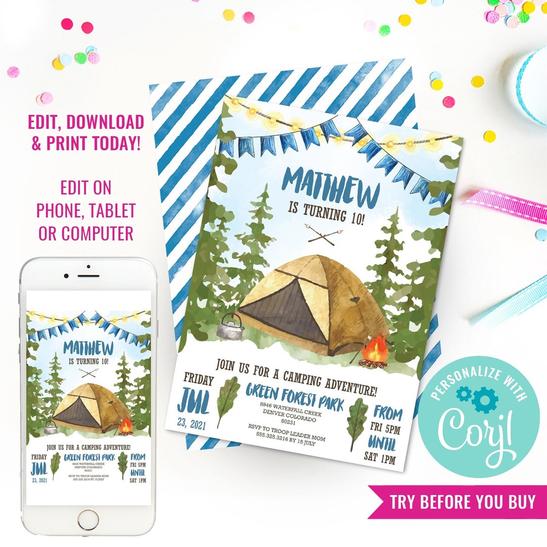 Boy Birthday Party Camping Invitation Boy Backyard Campout Watercolor ...