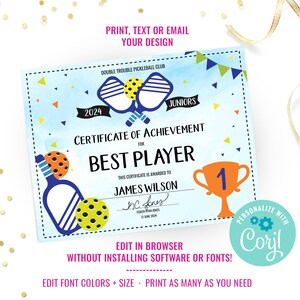Pickleball Award Certificate Printable Pickleball Award Printable ...