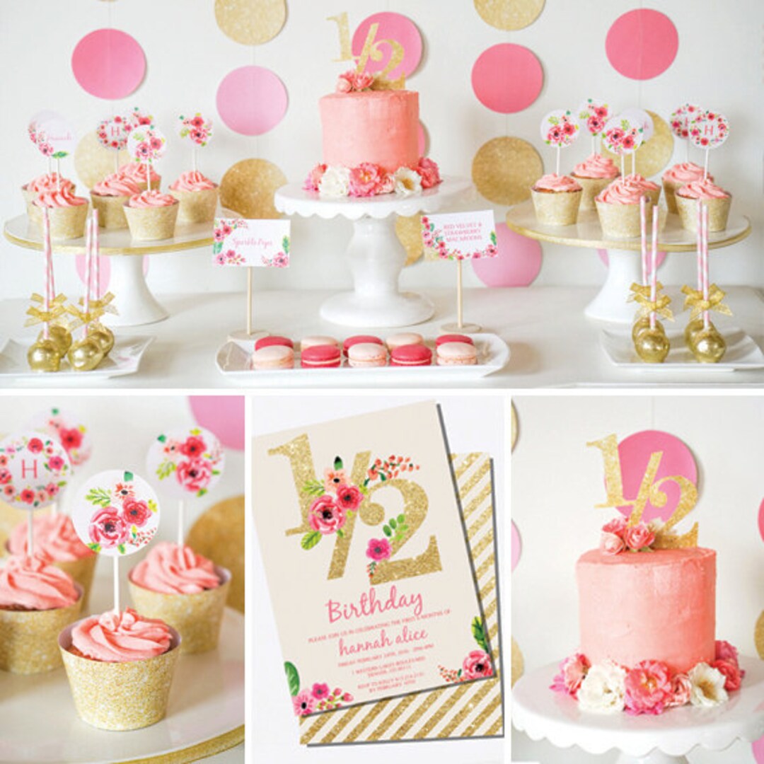 Half Birthday Party Printable Set Gold Glitter Floral Watercolor ...