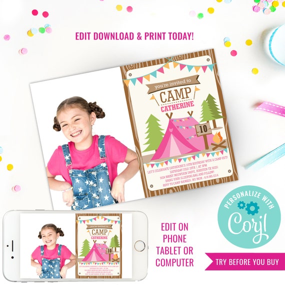 Camping Tent Party Photo Invitation for a Girl - Camp Out - Glamping Editable - Girls Camping ...