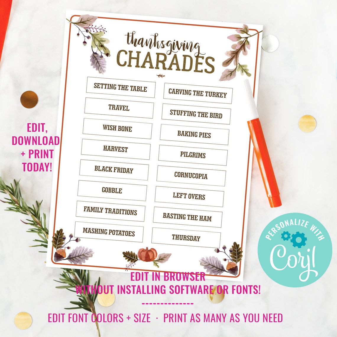 Printable Thanksgiving Charades Game Printable Thanksgiving | Etsy