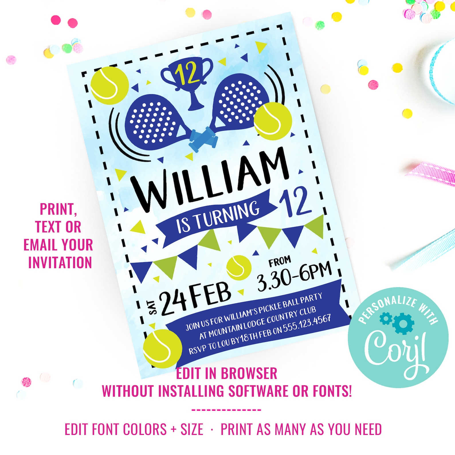 Boys Invitation Padel Party DIY Kids Padel Birthday Invite Pickleball ...