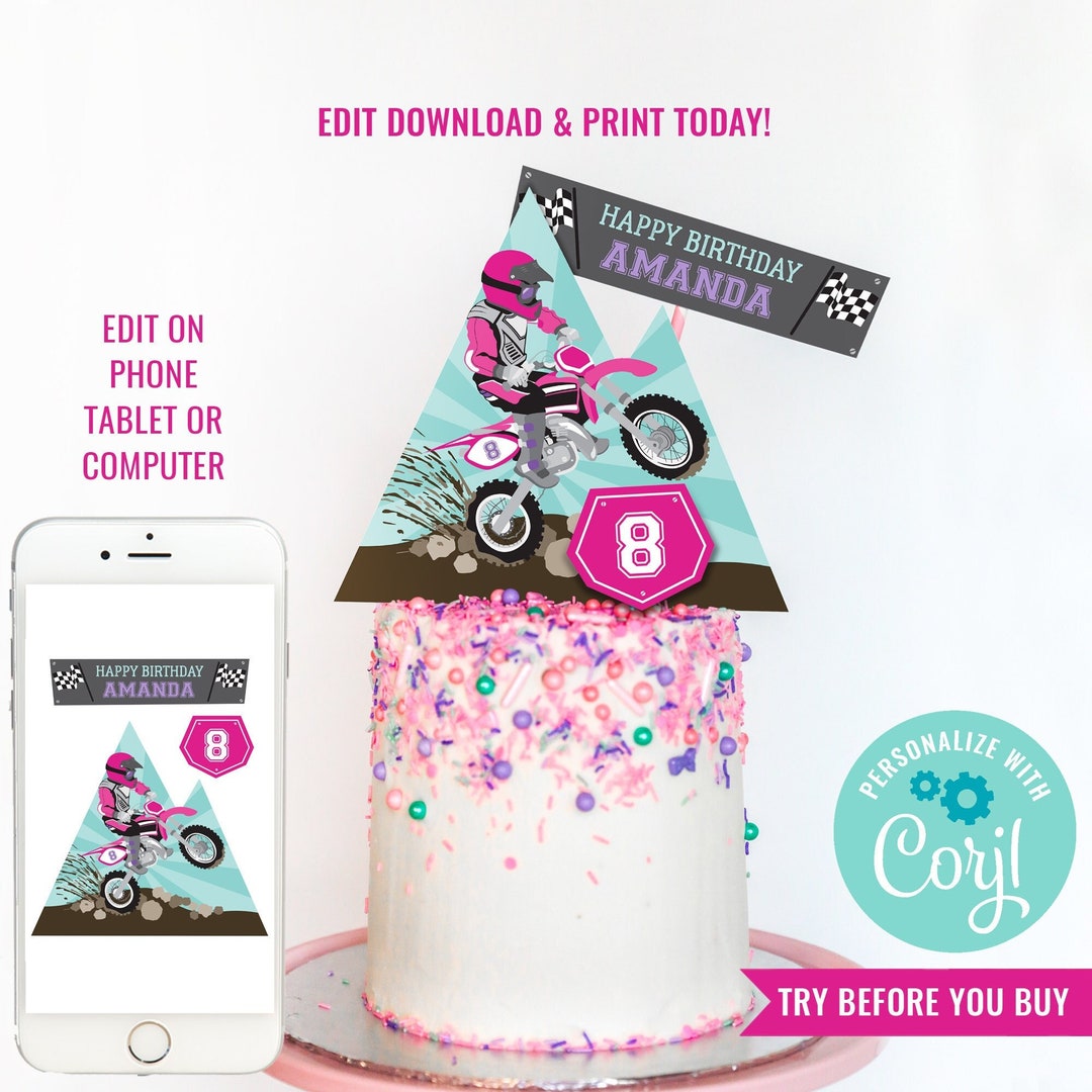 Girl Birthday Party Dirt Bike Cake Topper for Girls Motorbike Party ...