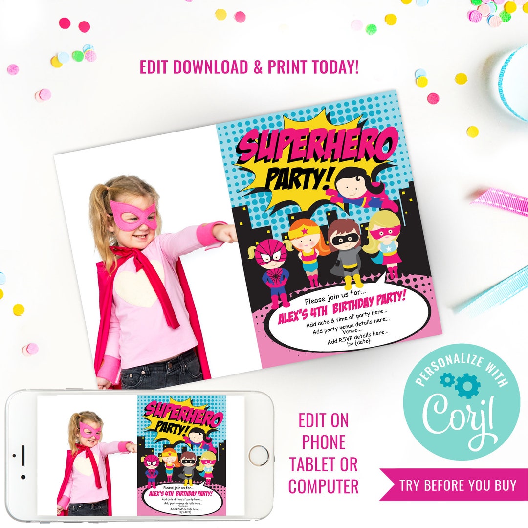 Girl Superhero Party Invitation Superhero Girl Party Photo Invite Pink ...