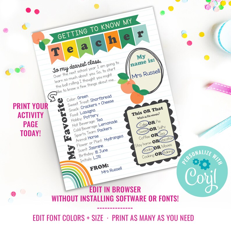 Teacher Survey Favorites Printable Back to School Questionnaire for ...