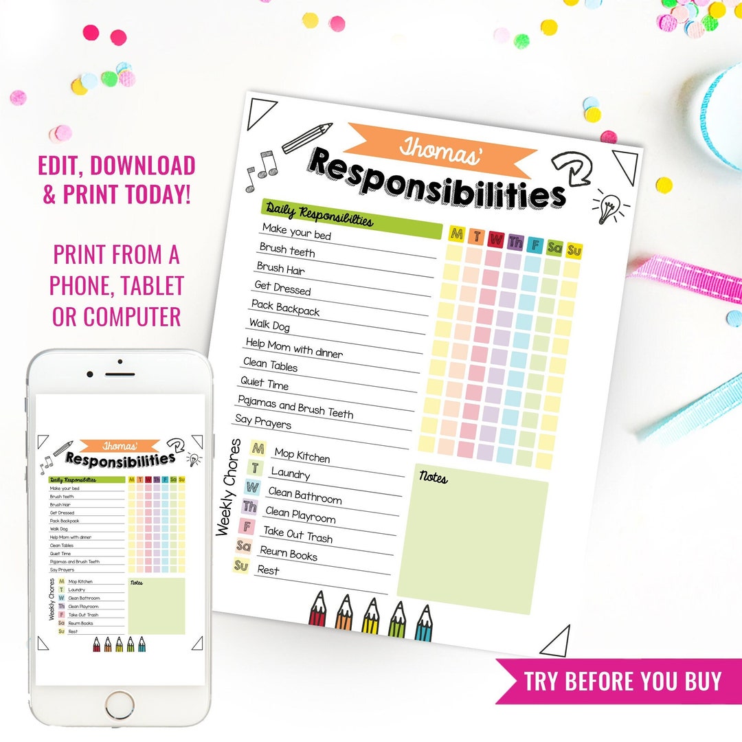 Kids Daily Responsibilities Chart Printable Editable Chore Chart Custom ...