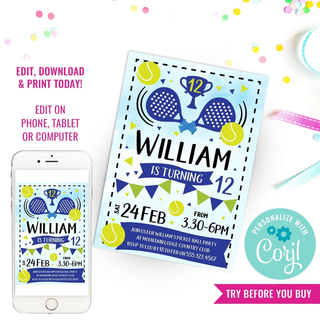 Boys Invitation Padel Party DIY Kids Padel Birthday Invite Pickleball ...