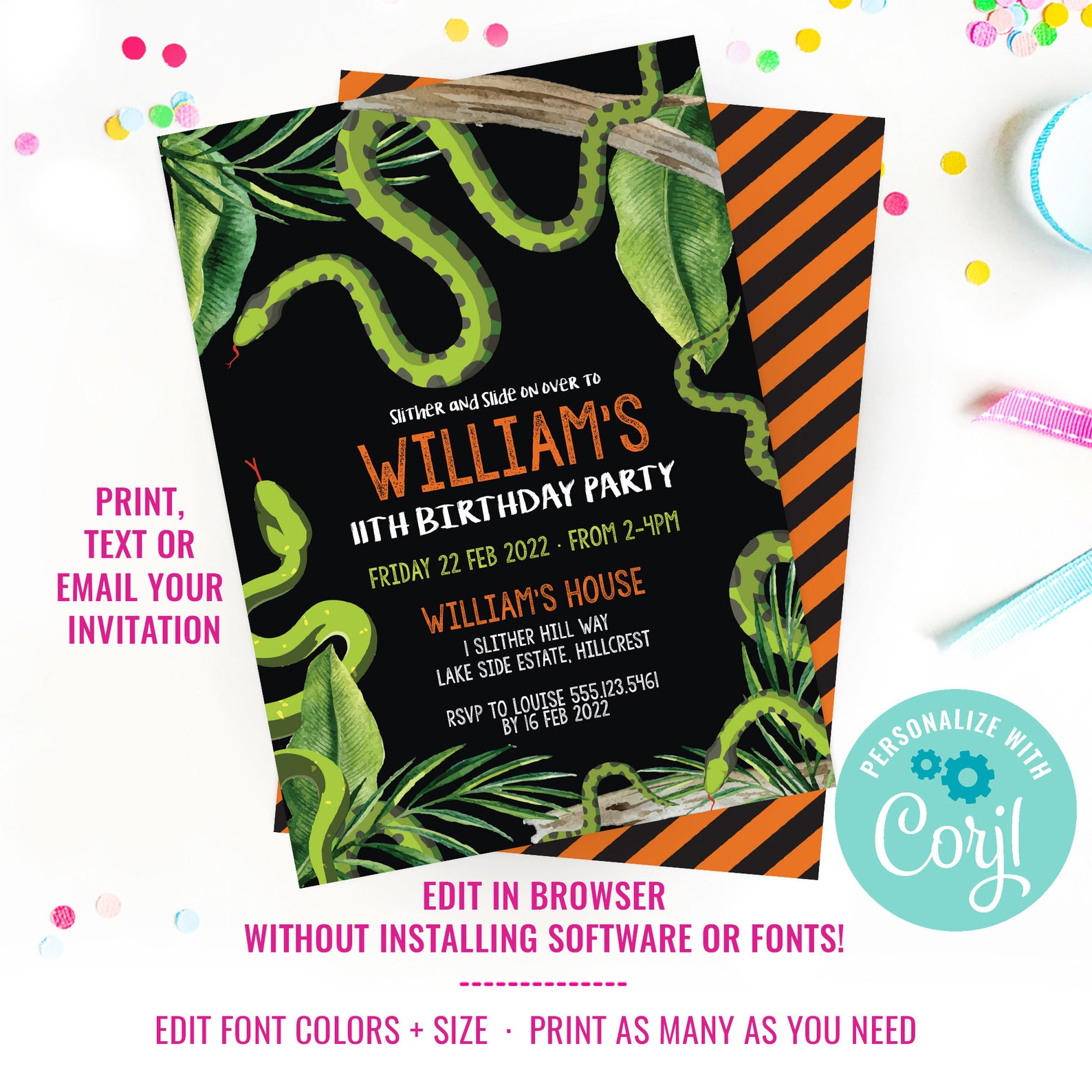 Boy Birthday Party Snake Invitation Reptile Snake Party Invite Reptile ...