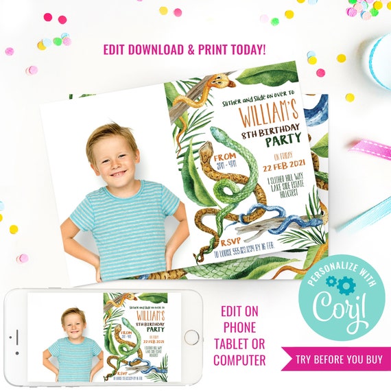 Snake Party Invitation Snake Invite Reptile Party Snake | Etsy