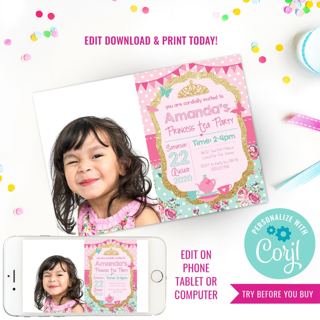 Girl Birthday Party Princess Tea Party Invitation Pink and Gold Glitter ...