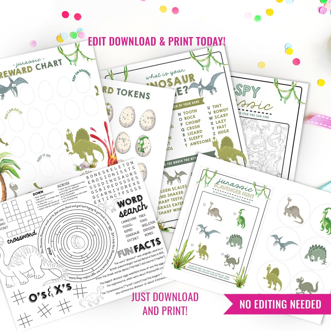 Dinosaur Printable Activity Sheets Set Dinosaur Games DIY Dinosaur ...