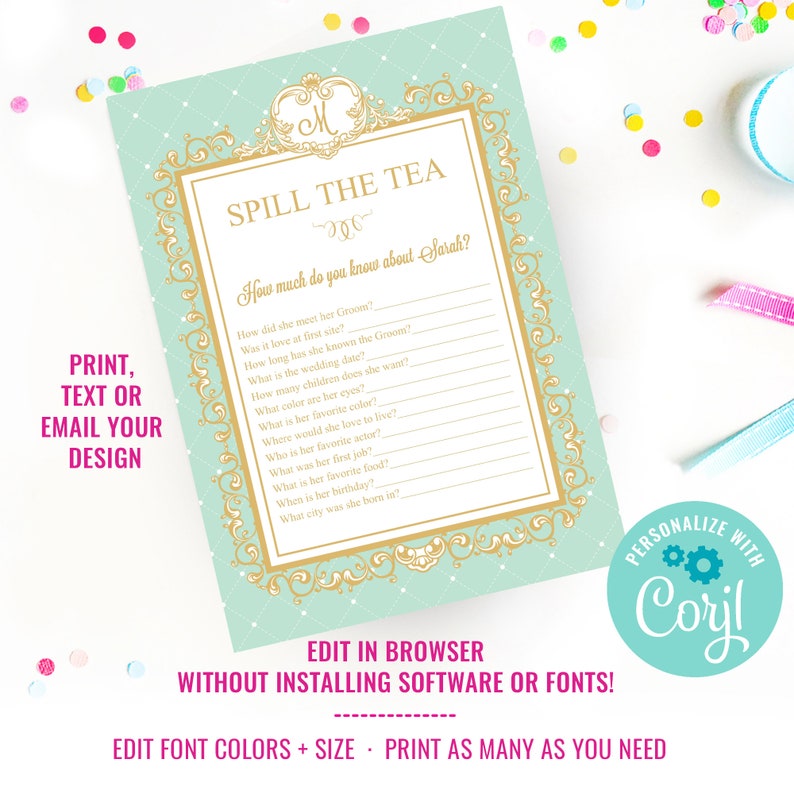 High Tea Party Game Spill the Tea Bridal Shower Party Game - Etsy