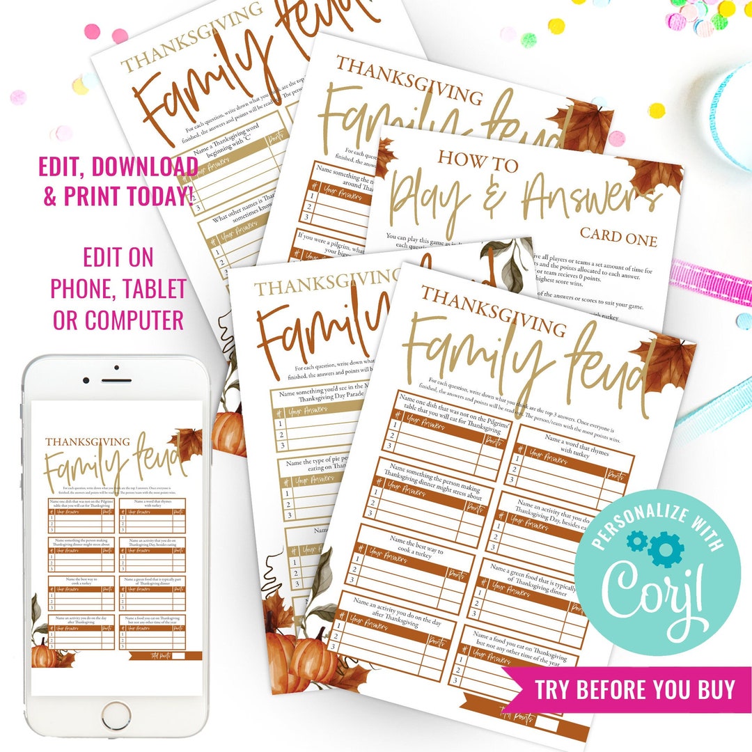 Thanksgiving Family Feud Game Printable Holiday Group Game Thanksgiving ...