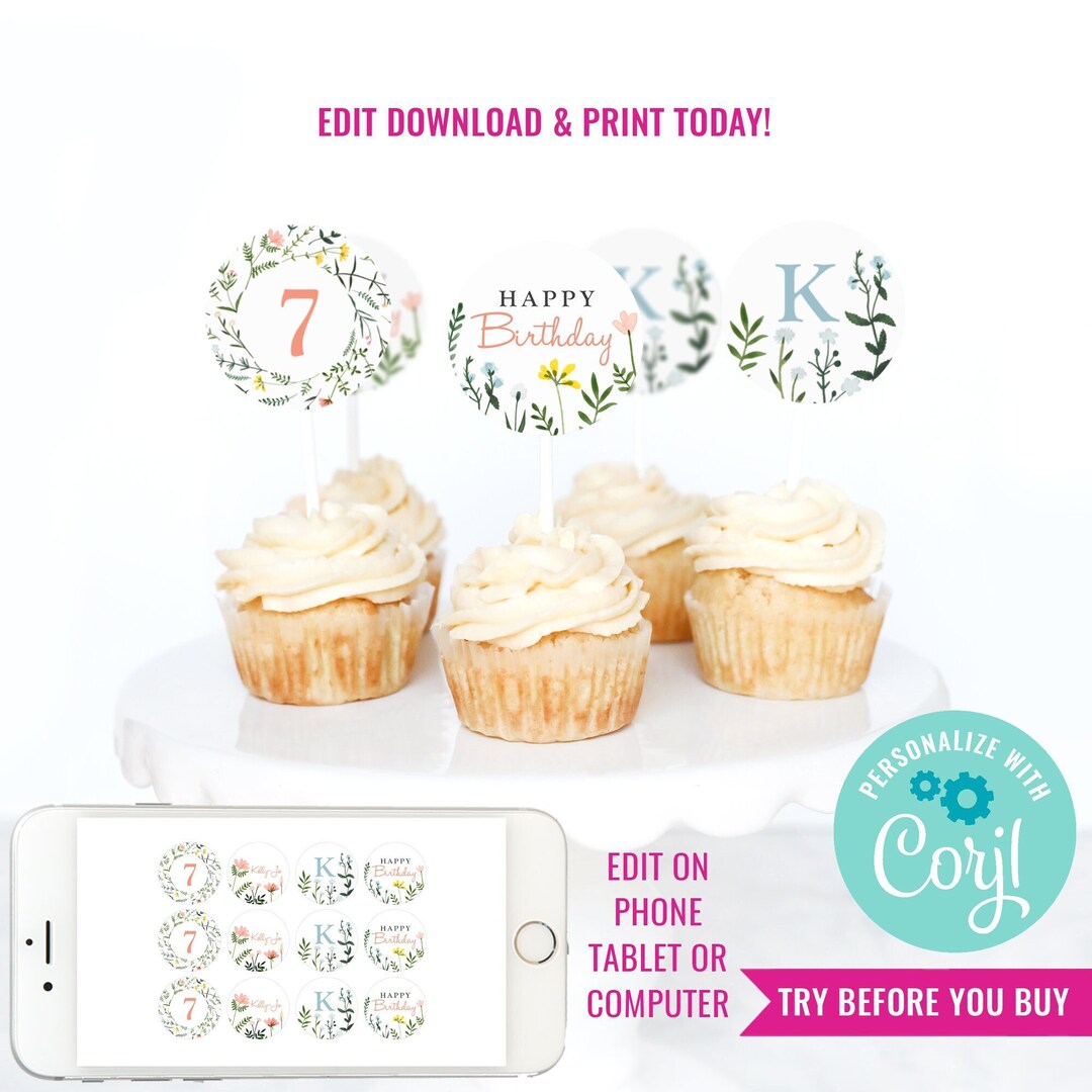Girl Birthday Party Cupcake Toppers Modern Wild Flower Cupcake Toppers ...