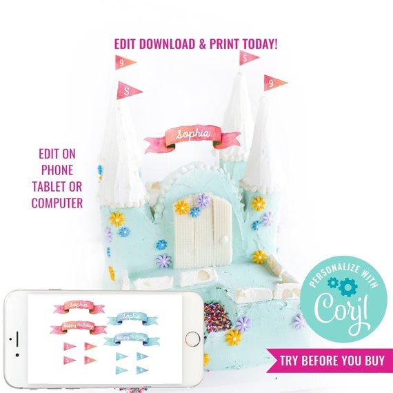 Watercolor Cake Topper Banner + Flags - Princess Tea Party Castle Cake ...