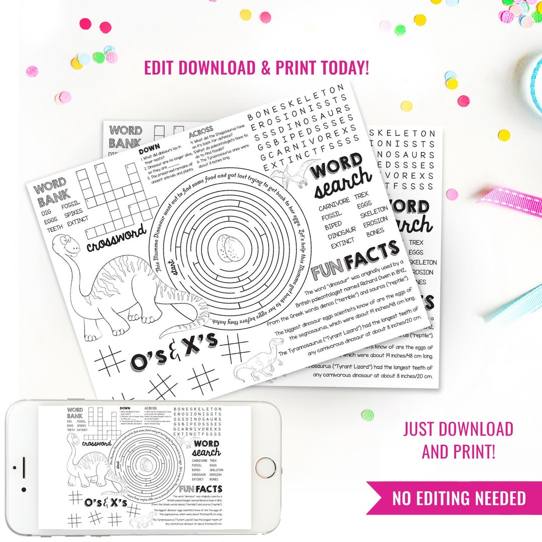 Dinosaur Activity Placemat Dinosaur Games DIY Printable - Etsy