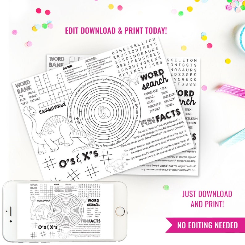 Dinosaur Activity Placemat Dinosaur Games DIY Printable - Etsy