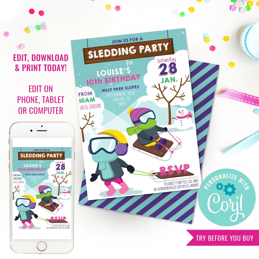 Girl Birthday Party Sledding Invitation Girls Tobogganing Party ...