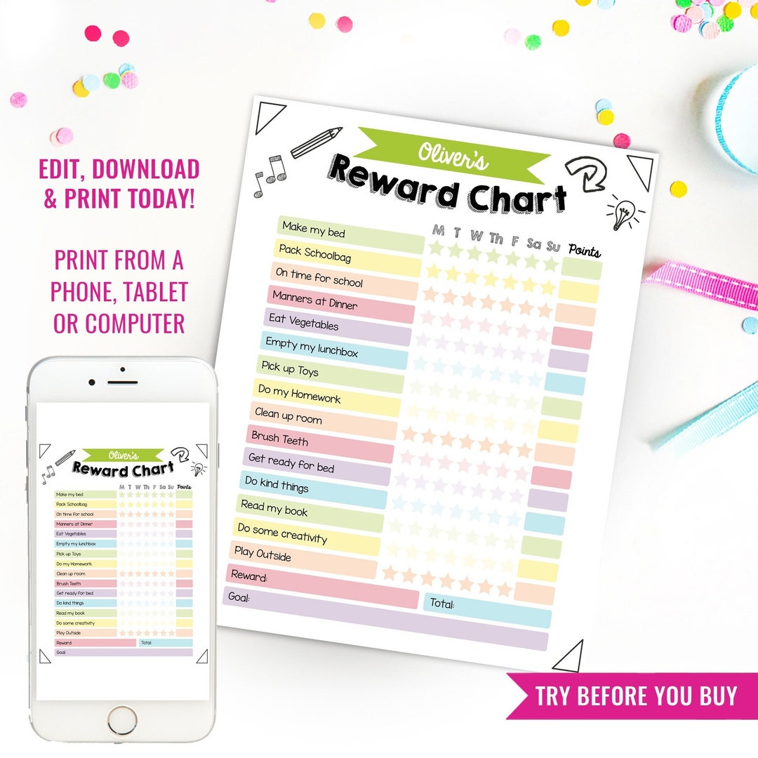 Kids Reward Chart Printable Editable Kids Reward Chart Daily Routine ...