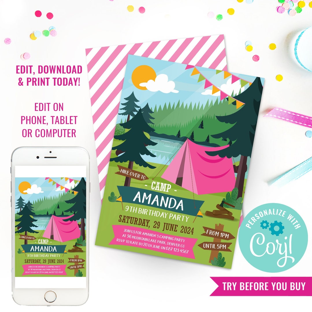 Girls Camp Out Party Invite Camping Tent Party Invitation Glamping ...