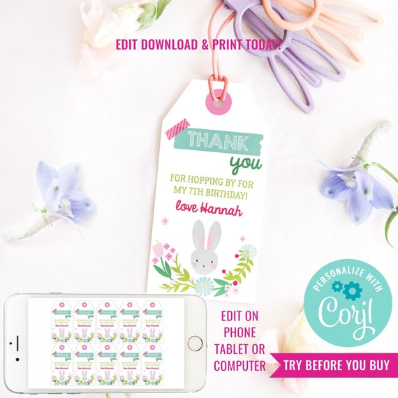 Bunny Birthday Party Favor Tags - Floral Bunny Rabbit Party Favors ...