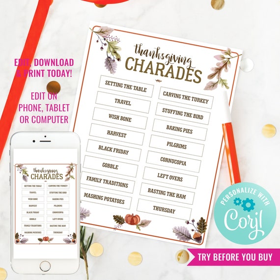 Printable Thanksgiving Charades Game Printable Thanksgiving | Etsy