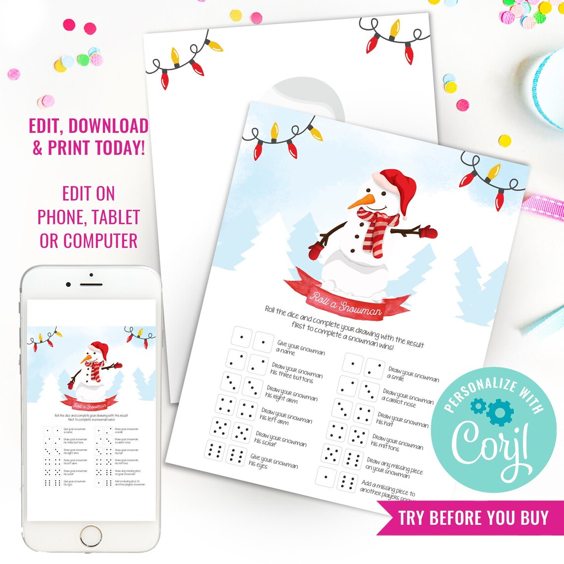 Roll A Snowman Dice Christmas Game Christmas Printable - Etsy